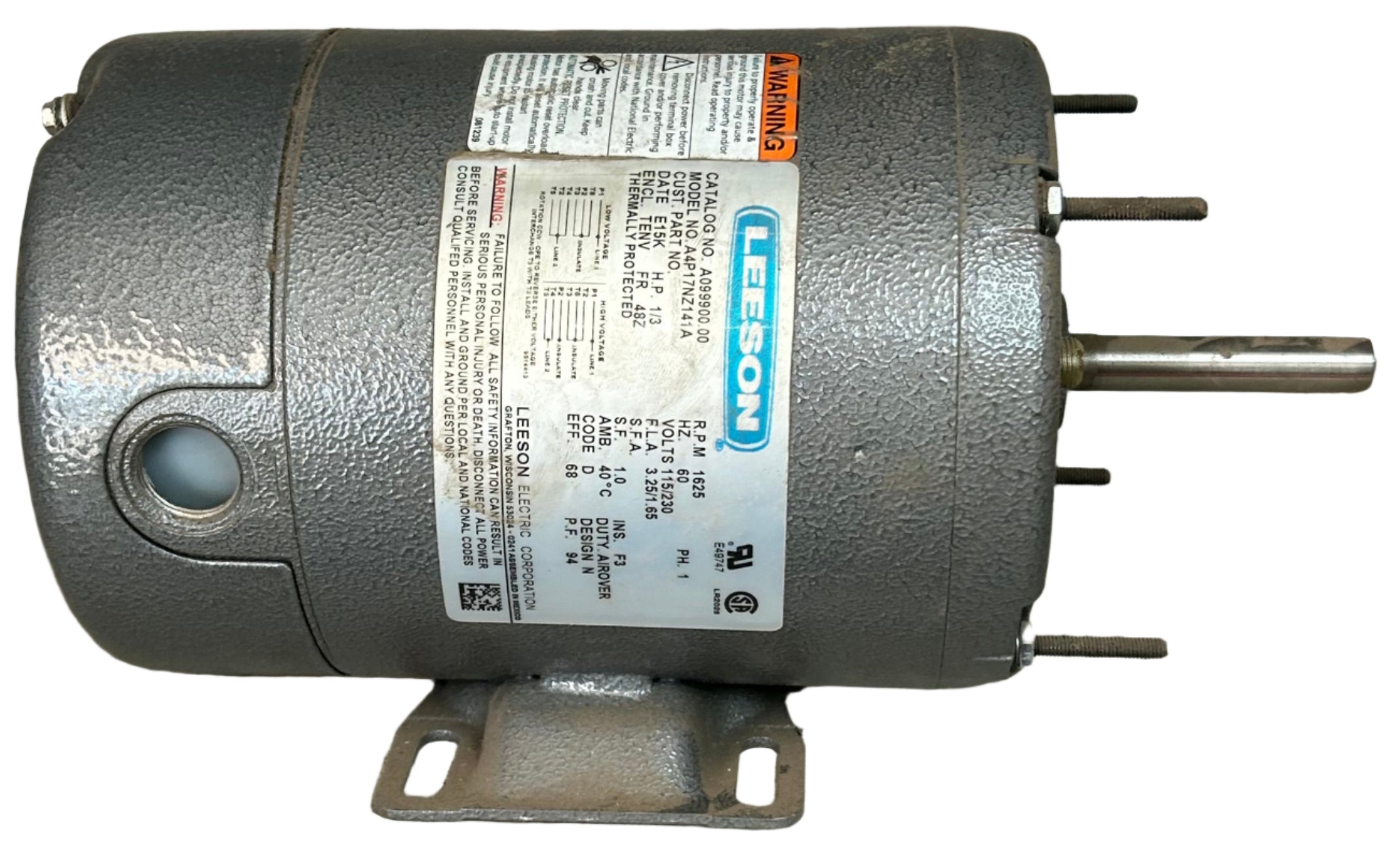 LEA099900.00 - 1/3 HP 1625RPM 115/230V Leeson TEAO – Franks Electric ...