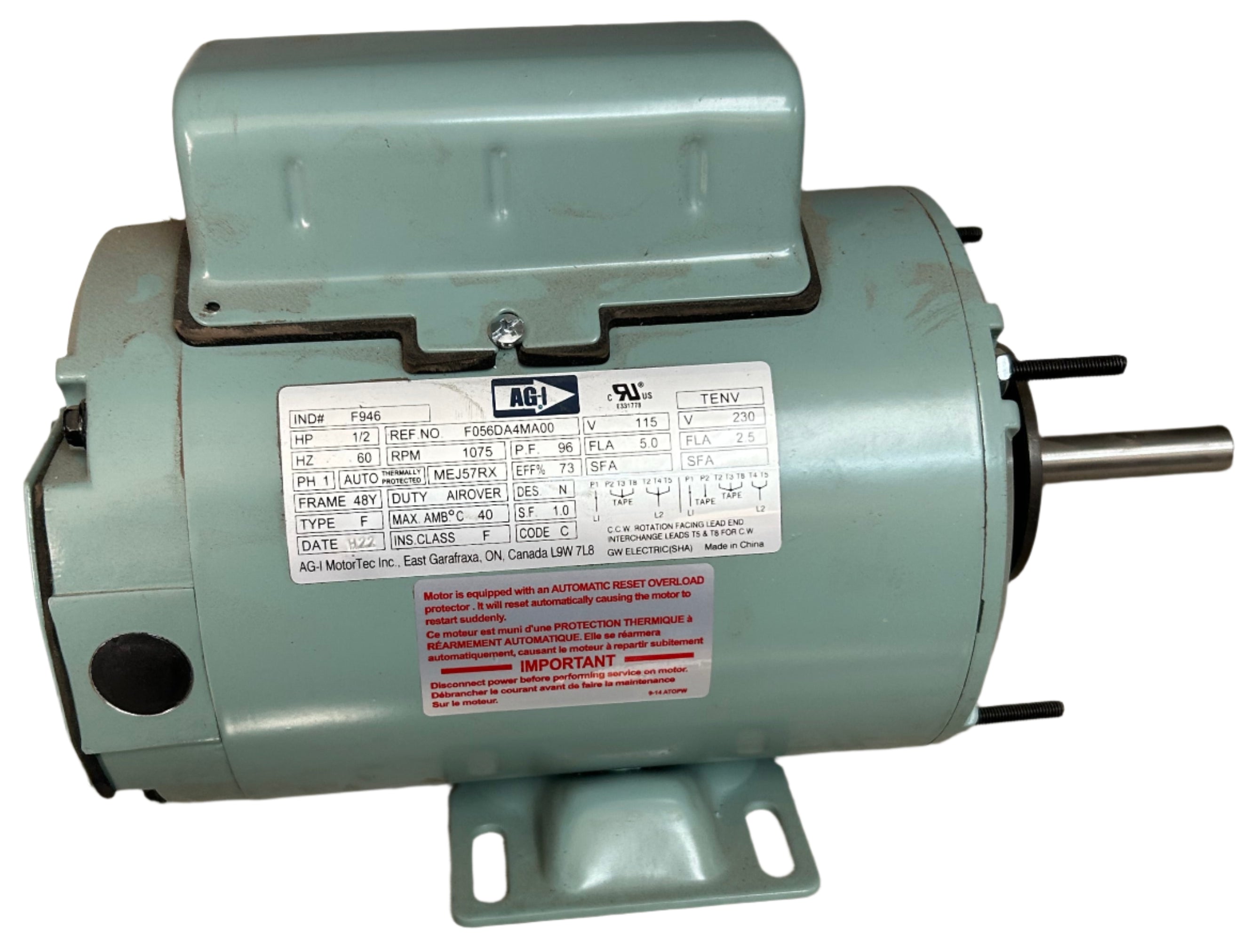 F946 - 1/2 HP 1075RPM 115230V AG-I TENV – Franks Electric Motors and ...