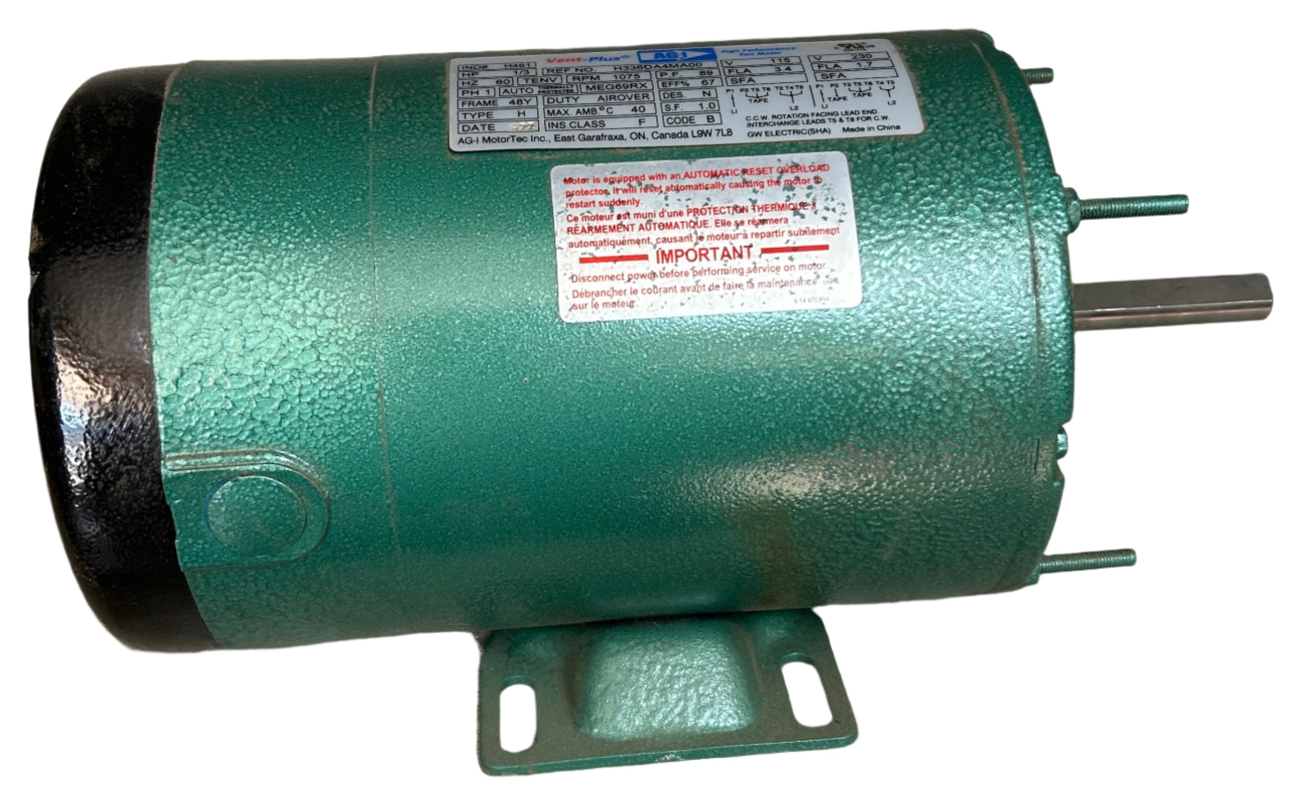 H461 - 1/3 HP 1075RPM 115/230V AG-I TEAO – Franks Electric Motors and ...