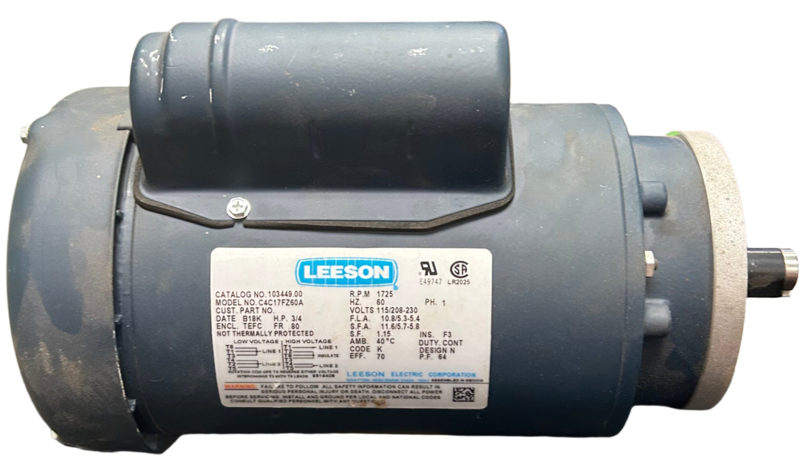 U271 - 3/4 HP 1725RPM 115/208-230V Leeson TEFC – Franks Electric Motors ...